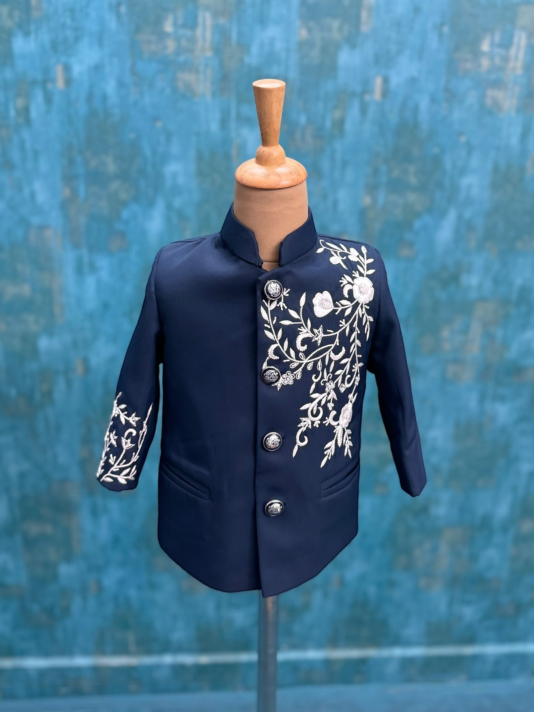 Midnight Blue Premium Fabric Silver Garden Embroidery Designer Prince