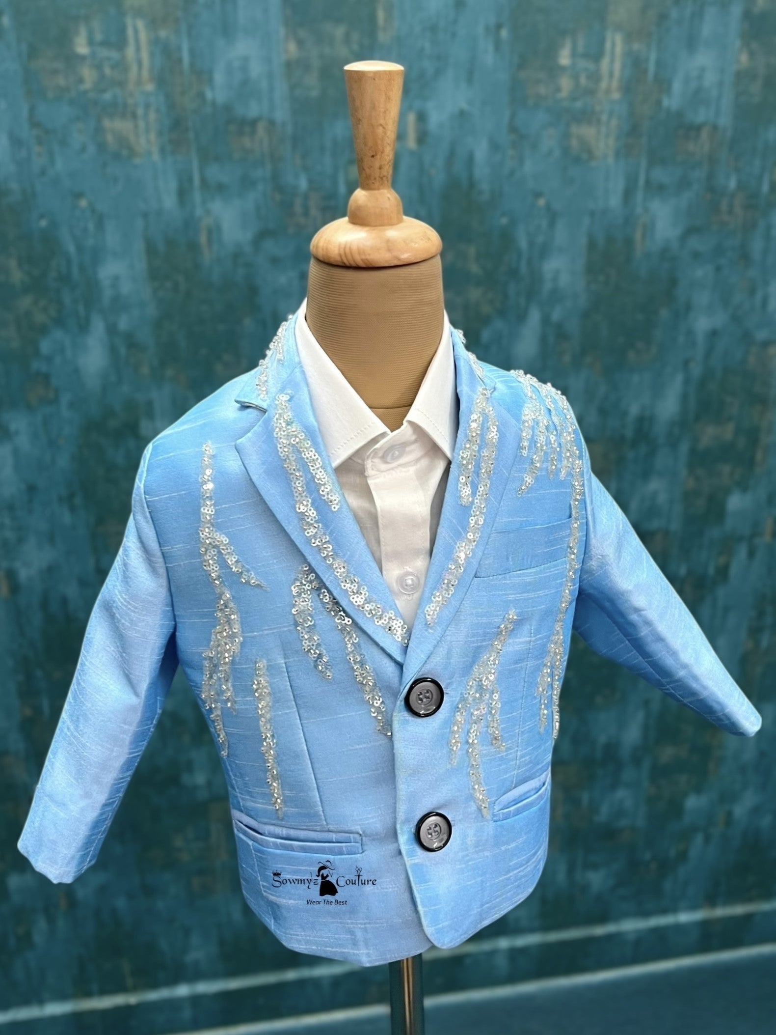 Little Royale Ice Blue Crystal-Worked Prince Suit