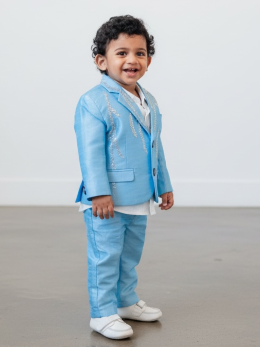 Little Royale Ice Blue Crystal-Worked Prince Suit