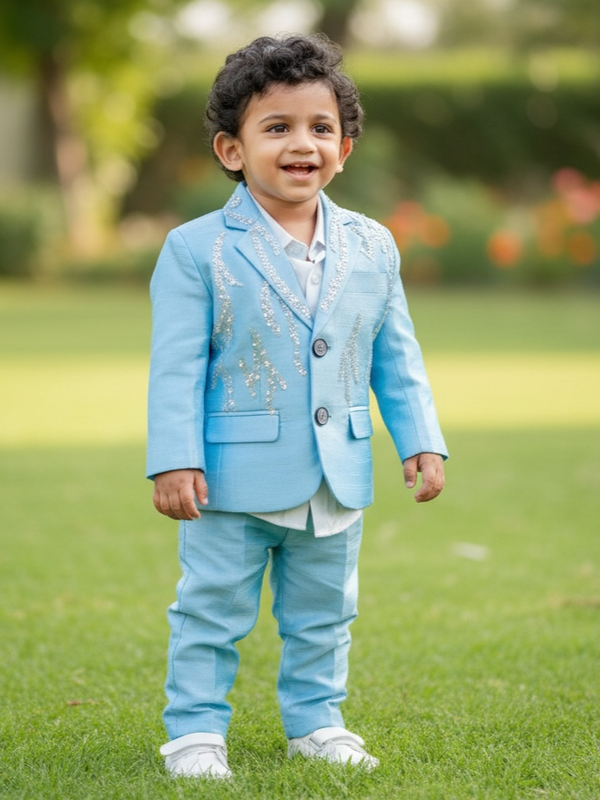 Little Royale Ice Blue Crystal-Worked Prince Suit